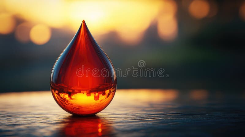 Gleaming Red Glass Droplet Reflecting Sunset on Smooth Surface Stock ...