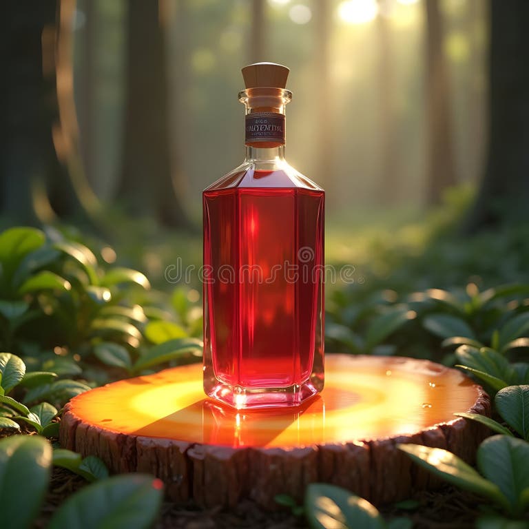 Gleaming Ruby Elixir Rests on Yellow Agate Amid Serene Forest Setting Stock Illustration ...