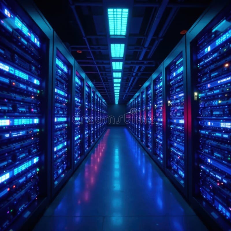 Gleaming Server Racks Vibrant Blue Data Streams Futuristic Architecture ...