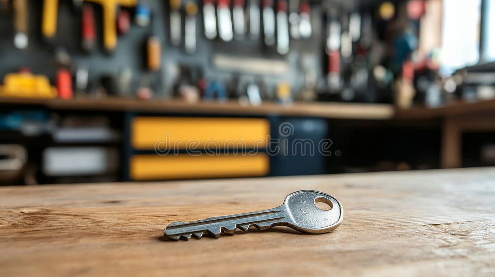 Gleaming Silver Key on Rustic Wooden Counter in Workshop Setting with ...