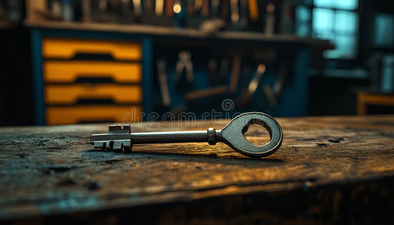 Gleaming Silver Key on Rustic Wooden Counter in Workshop Setting with ...