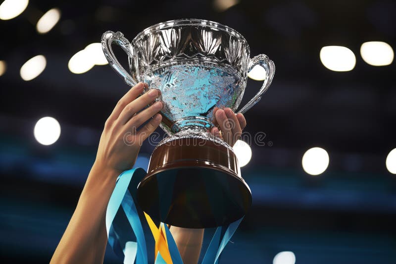 Gleaming Silver Trophy Being Lifted by a Winners Hands Stock Photo ...