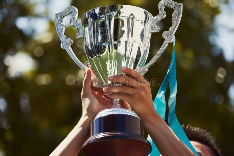 Gleaming Silver Trophy Being Lifted by a Winners Hands Stock Photo ...