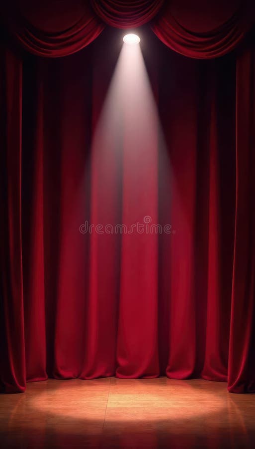 Gleaming Spotlight Illuminates Empty Stage, Rich Red Drapes , Spotlight ...