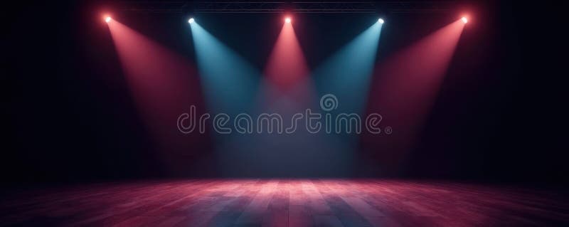 Gleaming Spotlights Illuminate a Vacant Stage, Stark Black Backdrop ...