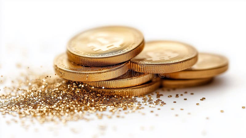 A Close Up of Stacked Gold Coins with Glitter on a White Background ...