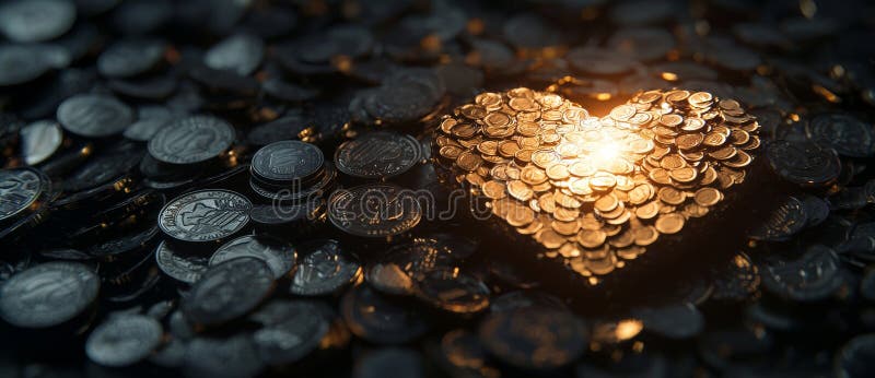 A Gleaming Stack of Heart-shaped Coins Lying on a Bed of Coins. Stock ...