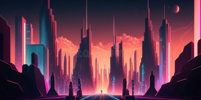 Gleaming Ultraviolet Computer City Set Against an Abstract Neon ...