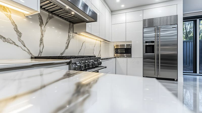 Modern White Kitchen Boasting Slab Marble Countertops and Backsplash ...