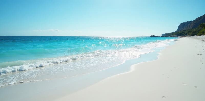 Gleaming White Sand, Gentle Waves Lapping Shore, Blue Sky, Horizon ...
