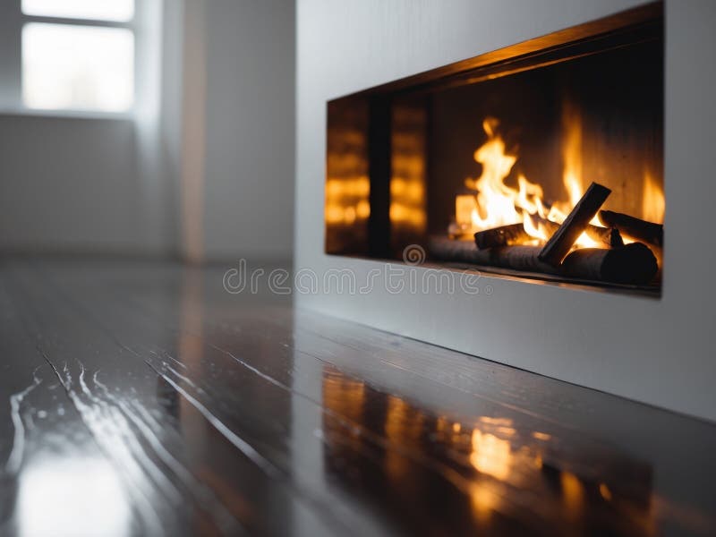 Gleaming Wood Floor Reflects Fireplace Fire. Stock Photo - Image of ...