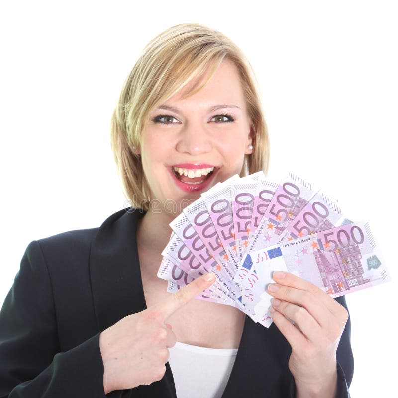 Gleeful Woman Pointing To Bunch of 500 Euro Notes Stock Image - Image ...