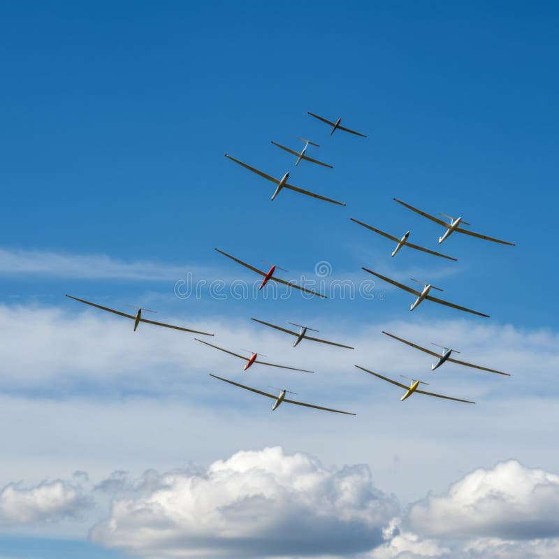 Gliders in Formation Flight Against a Blue Sky Stock Illustration ...