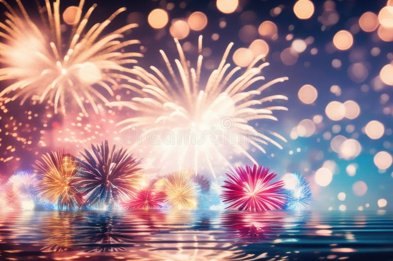 Glimmering Fireworks Reflections on Water Against a Bokeh Background ...