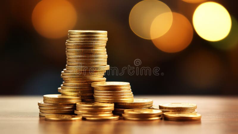 Glimmering Fortune: Stack of Gold Coins on Blurry Background Stock ...