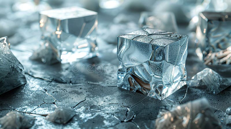 Glimmering Ice Cubes Scattered on a Cracked Surface with Reflections at ...