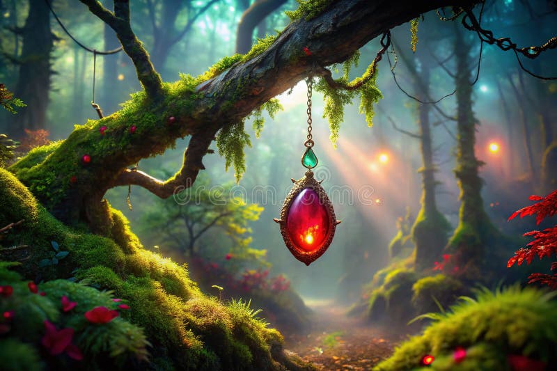 A Glimmering Ruby Amulet in a Misty Enchanted Forest Aerial Perspective ...