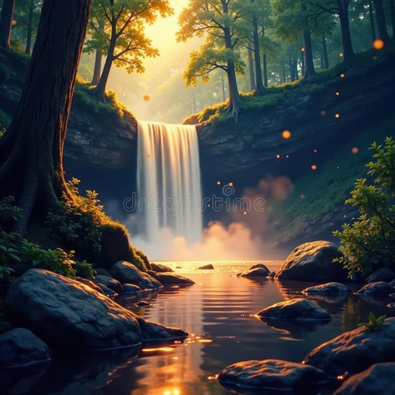 Glimmering Waterfall, Fireflies, Ancient Trees, Rock, Whimsical ...