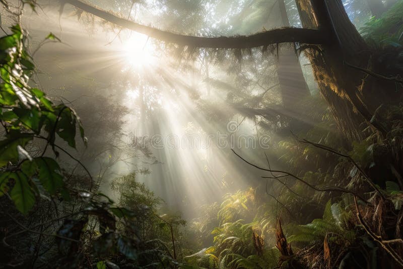 Glimpse of Forest Oasis through a Veil of Mist, with the Sun Shining ...