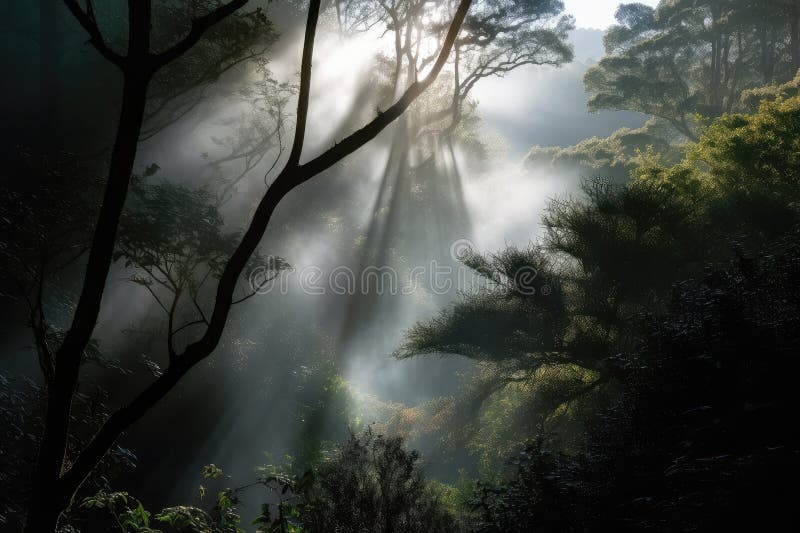 Glimpse of Forest Oasis through a Veil of Mist, with the Sun Shining ...