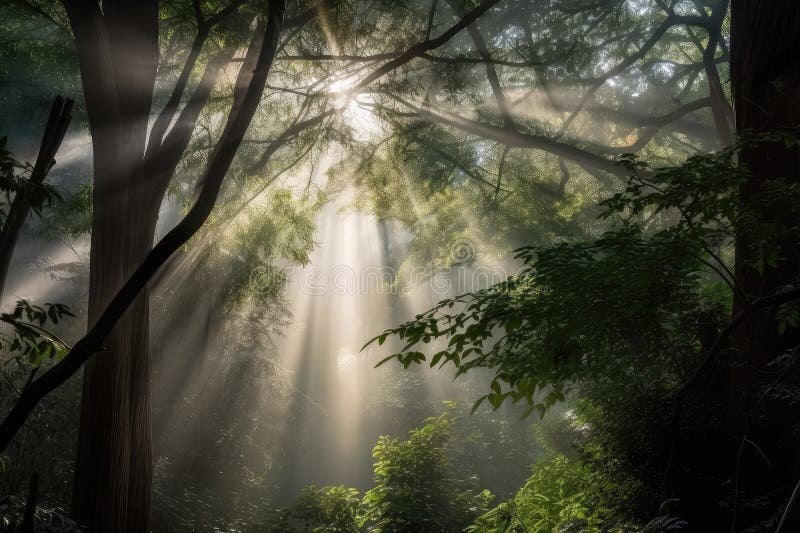 Glimpse of Forest Oasis through a Veil of Mist, with the Sun Shining ...