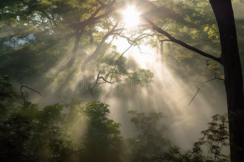 Glimpse of Forest Oasis through a Veil of Mist, with the Sun Shining ...