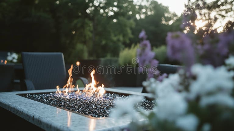 A Glimpse of a Gas Fire Pit Table in a Backyard Setting Stock Photo ...
