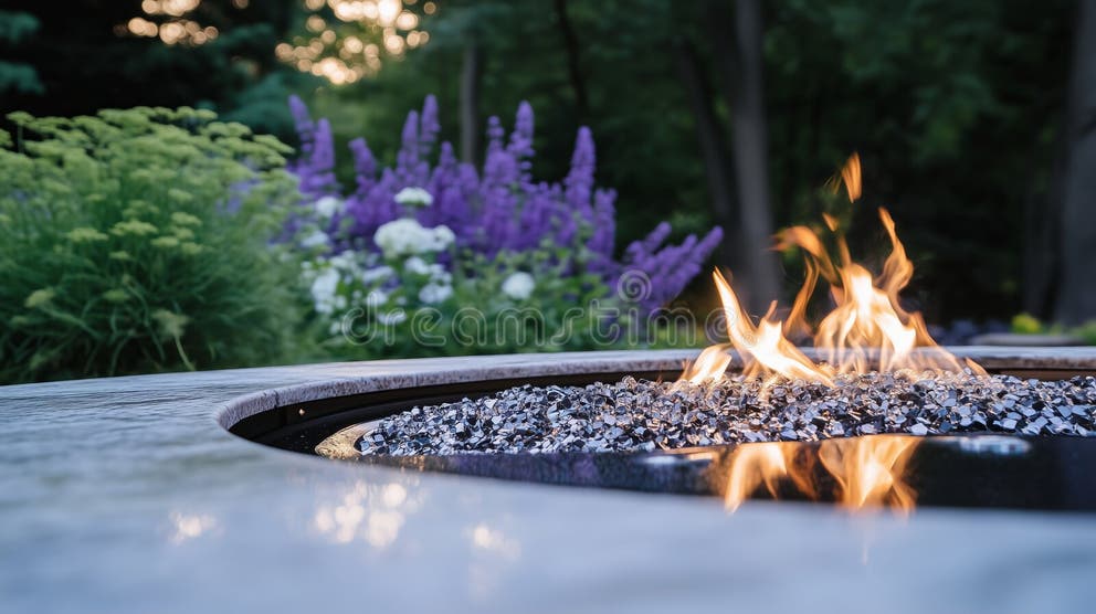 A Glimpse of a Gas Fire Pit Table in a Backyard Setting Stock Photo ...