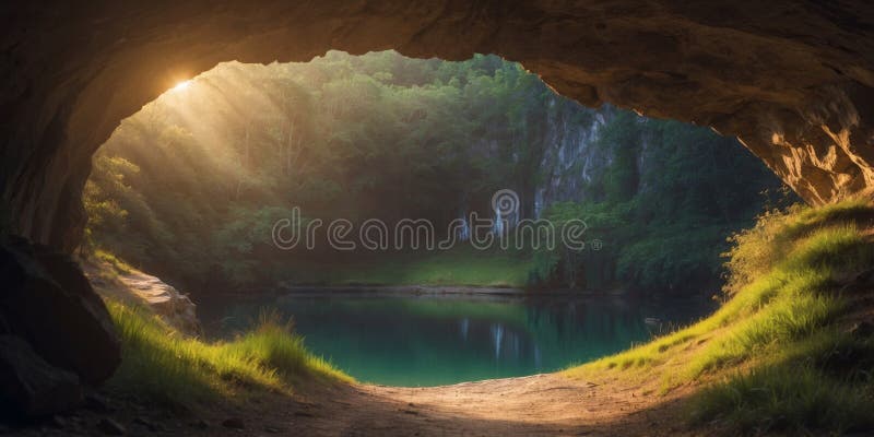 A Glimpse of a Lush Landscape through a Cave Entrance. Stock Image ...