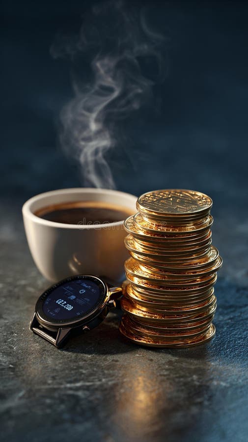 A Glimpse of Modern Luxury: Gold Coins, Smartwatch, and Steaming ...