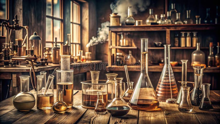A Glimpse into a Nostalgic Science Lab Aged Test Tubes and Erlenmeyer ...
