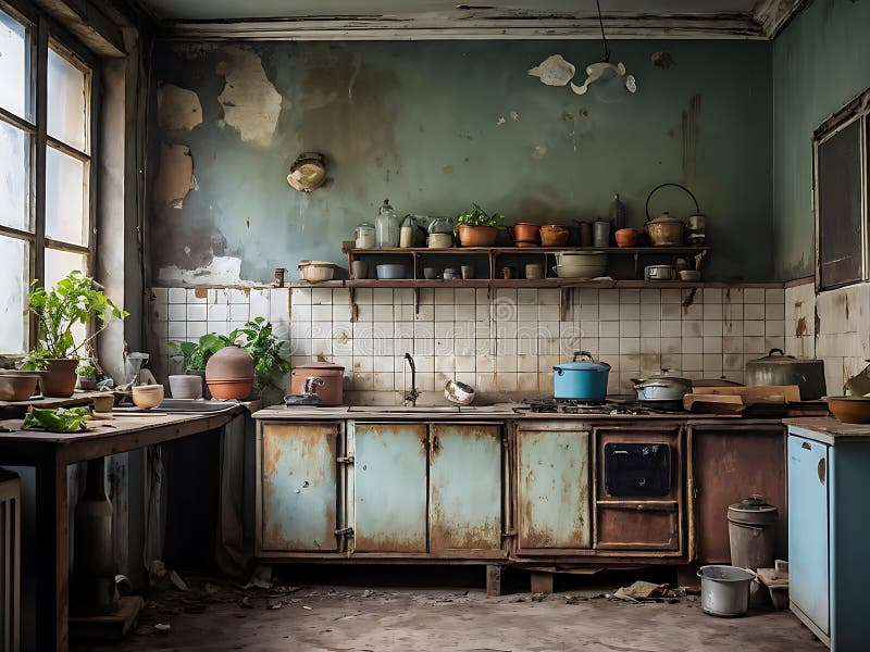 Rustic Abandoned Kitchen Interior with Old Appliances Stock Illustration - Illustration of sink ...