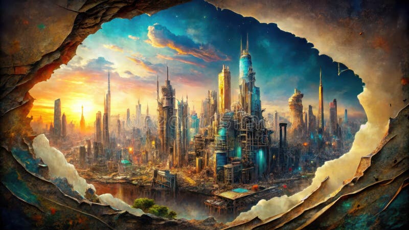 A Glimpse through a Shattered Wall into a Futuristic Metropolis at Sunrise. Generative AI Stock ...