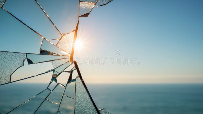 A Glimpse of the Sky and Ocean through Shattered Glass. Stock Image ...