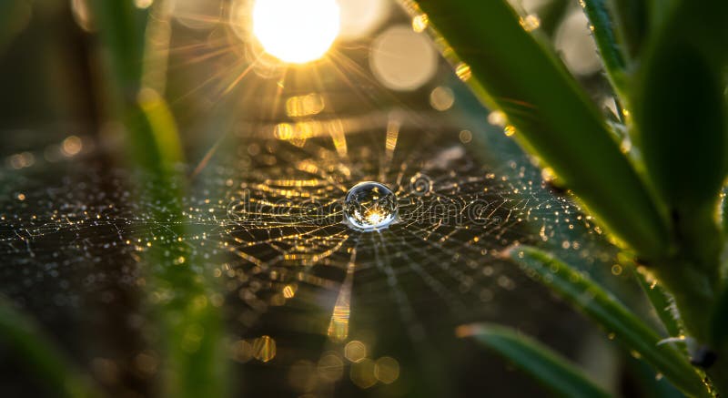 Golden Sunrise Dewdrop on Spiderweb Stock Image - Image of bokeh, spiderweb: 382256611