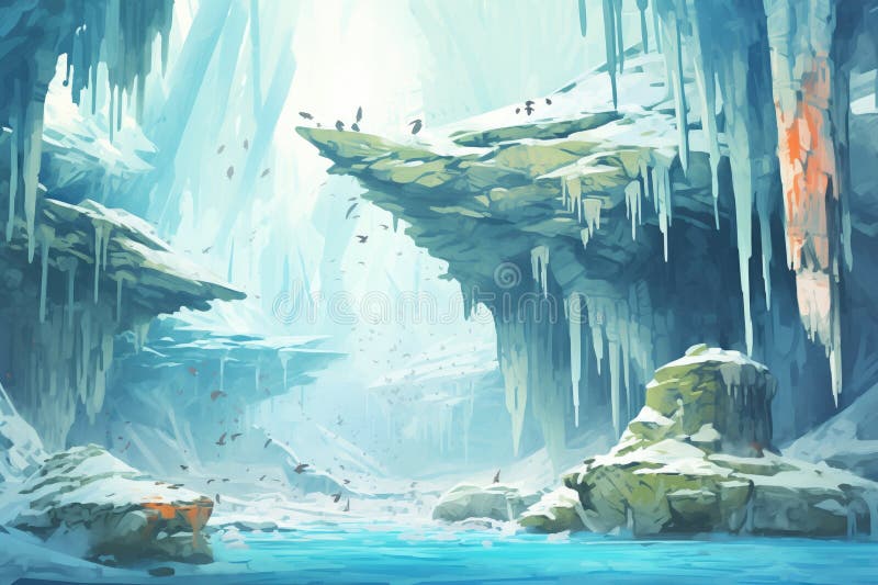 Glistening Ice Cave with Stalactites and Stalagmites Stock Illustration ...
