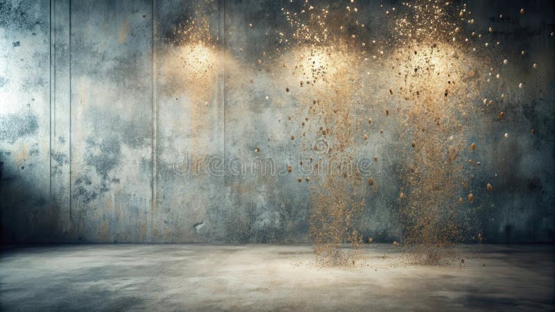 Glistening Particles Cascading Onto a Weathered Concrete Floor in a Dramatic Studio Setting ...