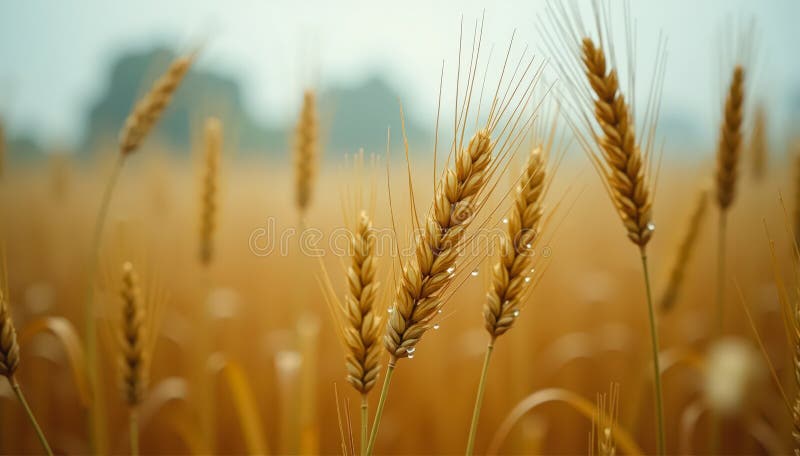 Glistening Wheat Heads in Light Drizzle, Background Soft and Misty. Generative AI Stock ...