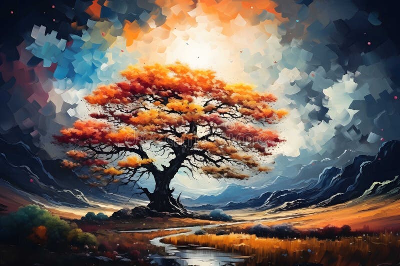 Glitch Art of Realistic Big Tree among Field, Abstract Art, Daylight ...