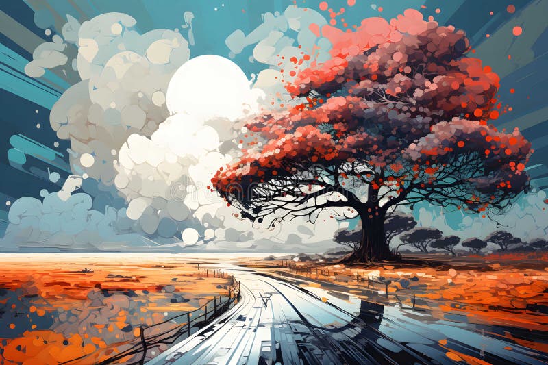 Glitch Art of Realistic Big Tree among Field, Daylight, Abstract Art ...