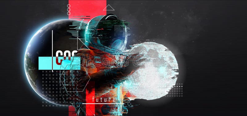 Glitch Astronaut on the Background of the Moon and Space. Digital Pixel ...