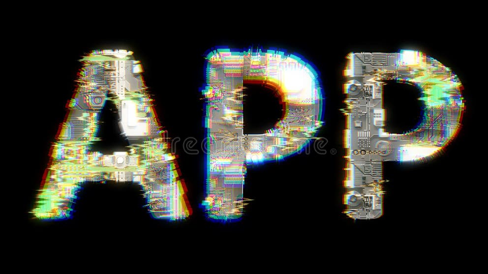 Glitch and Chromatic Aberrance Cybernetic Text APP on Black, Isolated ...