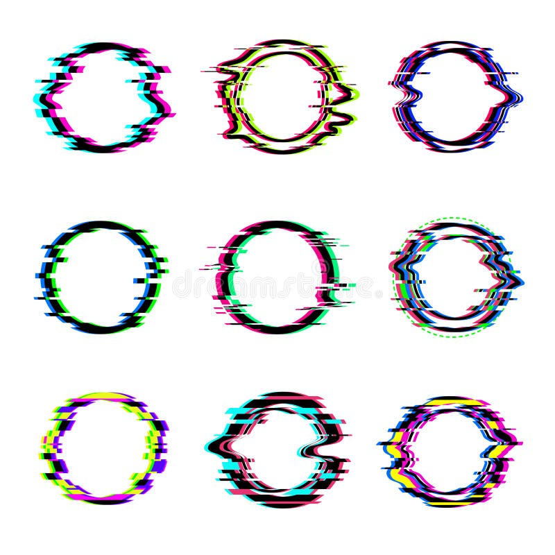 Glitch Circles. Round Glitched Digital Frames Dynamic Broken Television ...