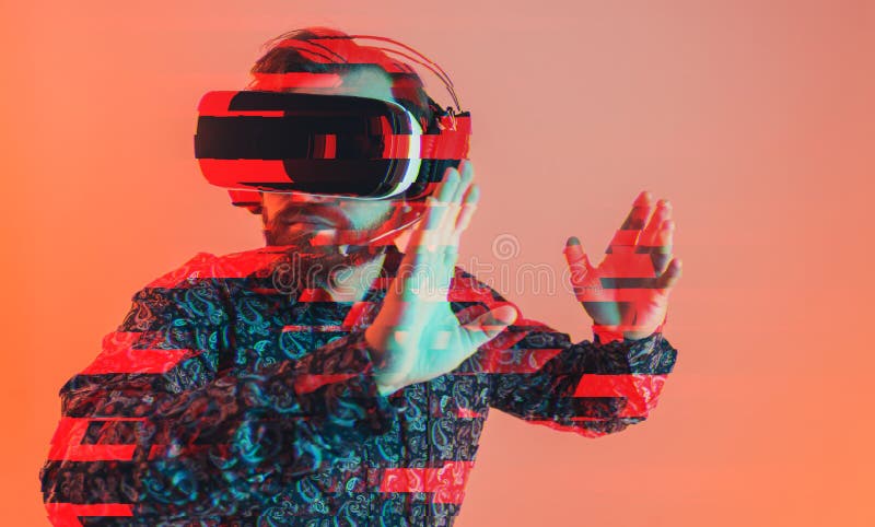 Glitch Effect on Caucasian Bearded Man in Patterned Shirt Moving His ...