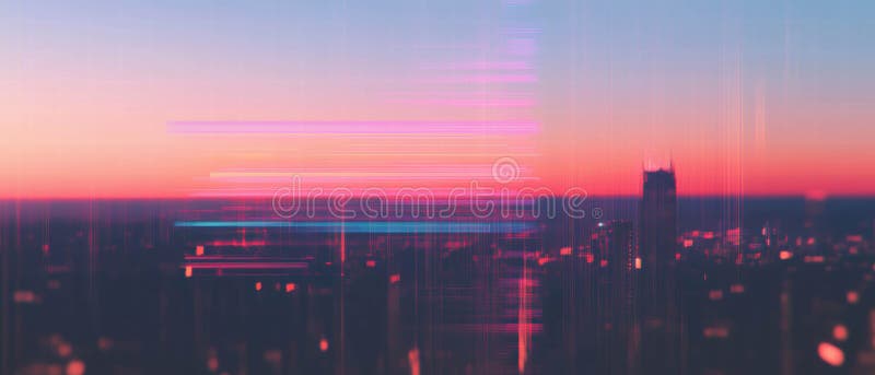Glitch Effect Creating Pixelation and Distortion of a Sunset Cityscape ...