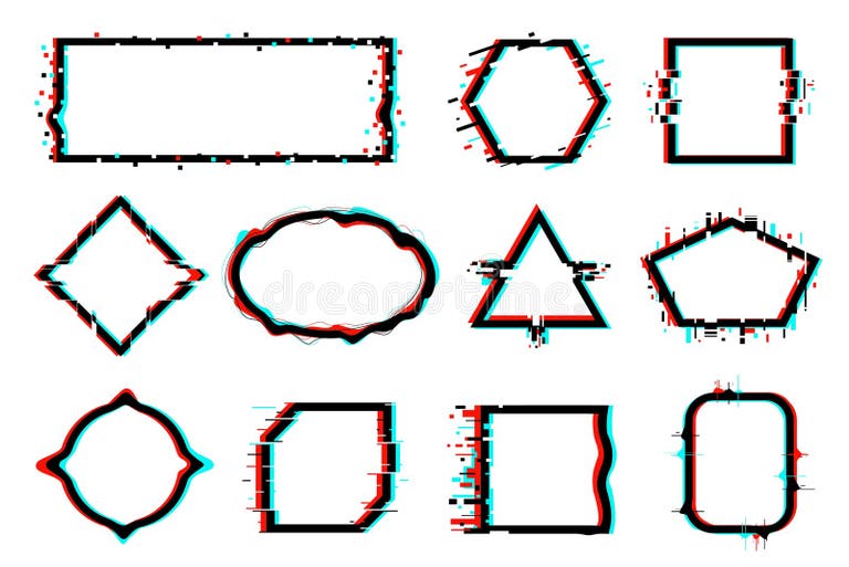 Glitch Effect Frames. Different Shapes Distorted Borders. Trendy Visual ...