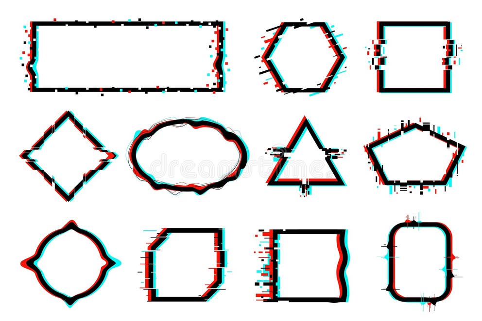 Glitch Effect Frames. Different Shapes Distorted Borders. Trendy Visual ...