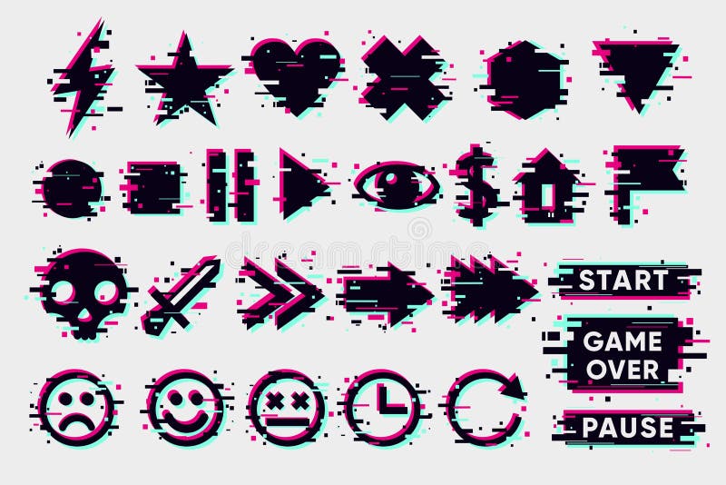 Glitch Icons Set. Interface Navigation Elements with Glitchy Effect ...