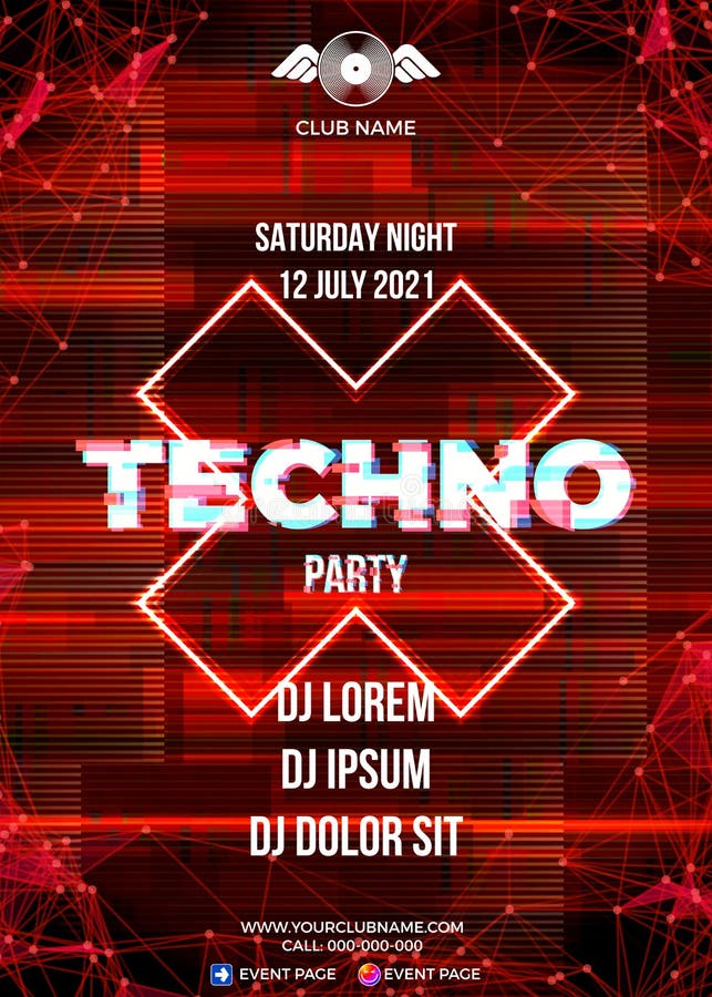 Glitch Party Poster with Blue Background and Cirlce for Techno Rave ...