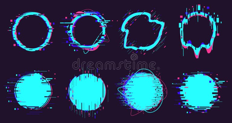 Glitch Round Frames. Circle Distortion Noise Defect Elements, Pixel Defect Destroyed Geometric ...